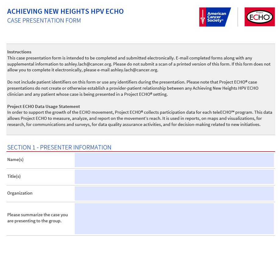 Achieving New Heights HPV ECHO - Case Presentation Form - American ...
